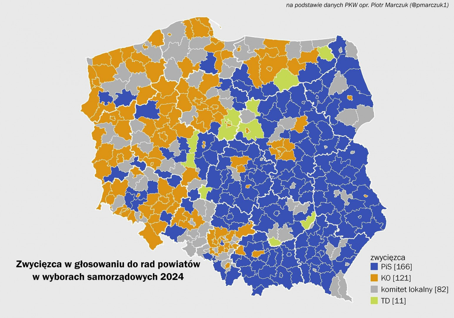 Polska powiatowa po wyborach. Gdzie wygrywa PiS, a gdzie KO?